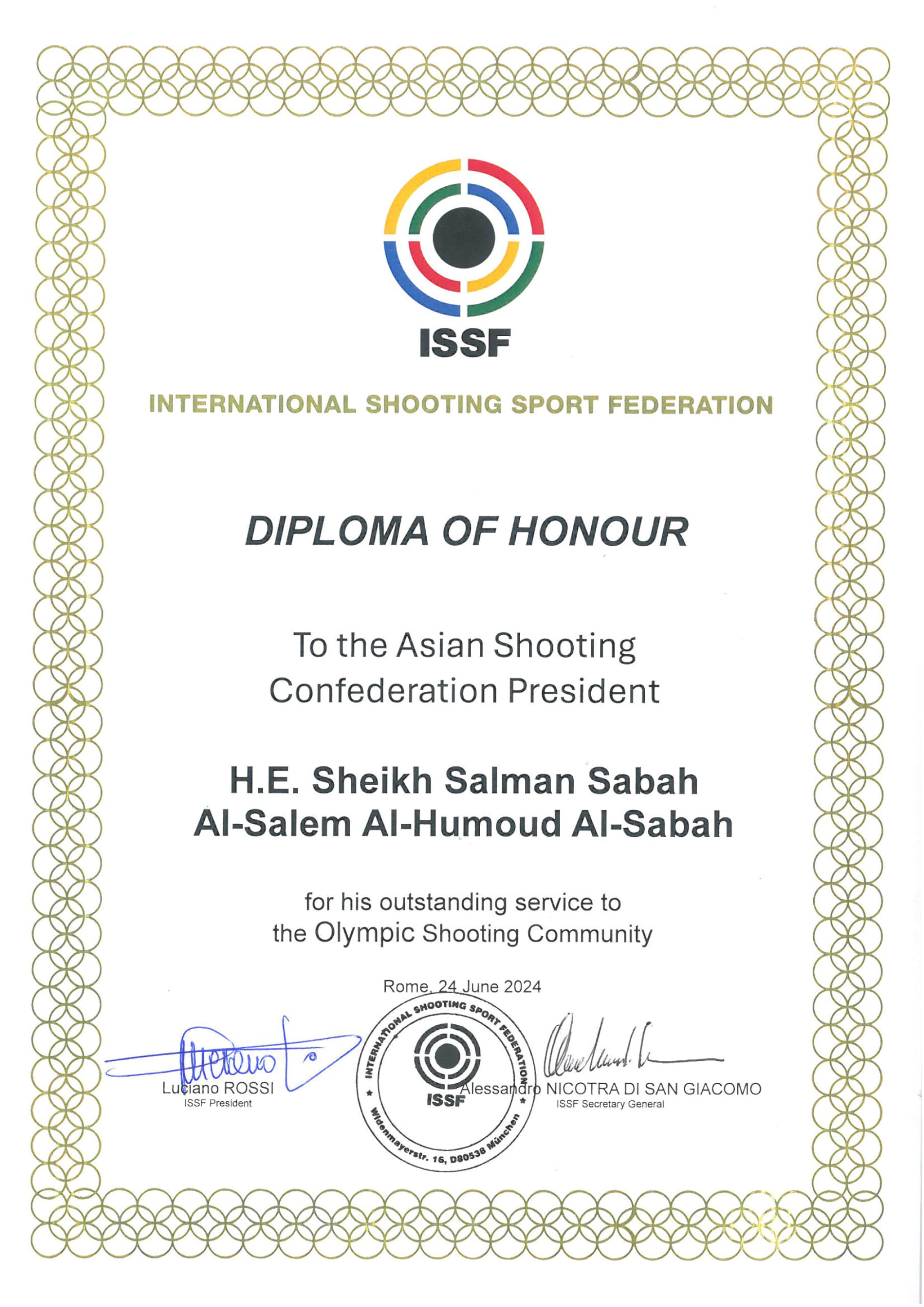 ASC President receives a Diploma of Honour from the ISSF President ...
