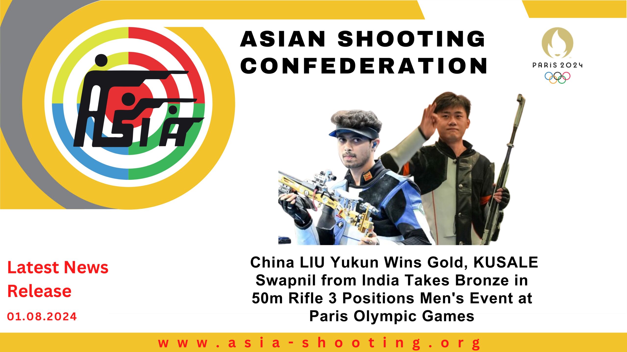 China LIU Yukun Wins Gold, KUSALE Swapnil from India Takes Bronze in 50m Rifle 3 Positions Men's ...