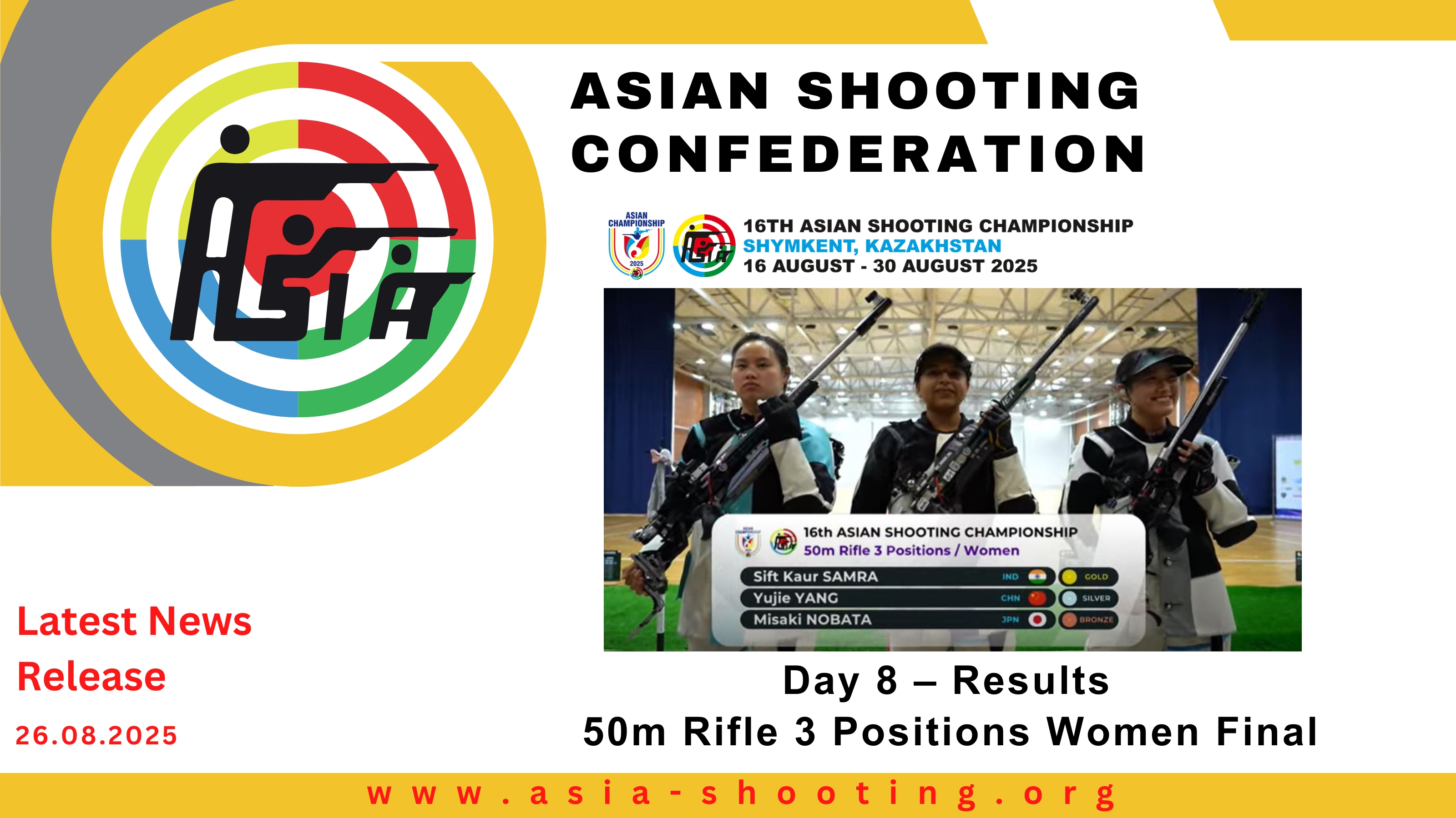 Day 8 – 50m Rifle 3 Positions Women Final Results | 16th Asian Shooting ...